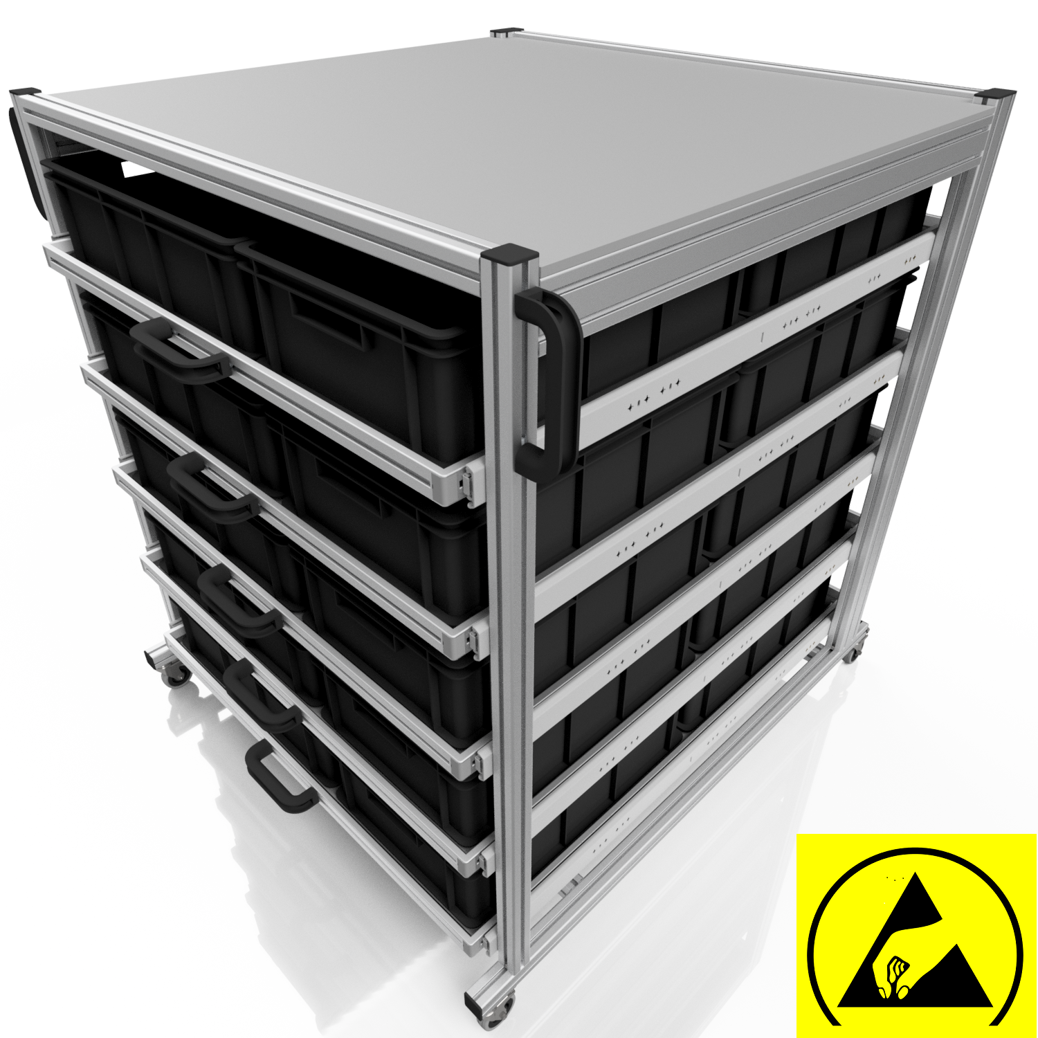 ESD system trolley in XL pallet format | 5 x shelf, for 25 x EG 64/17, including Euro container ...